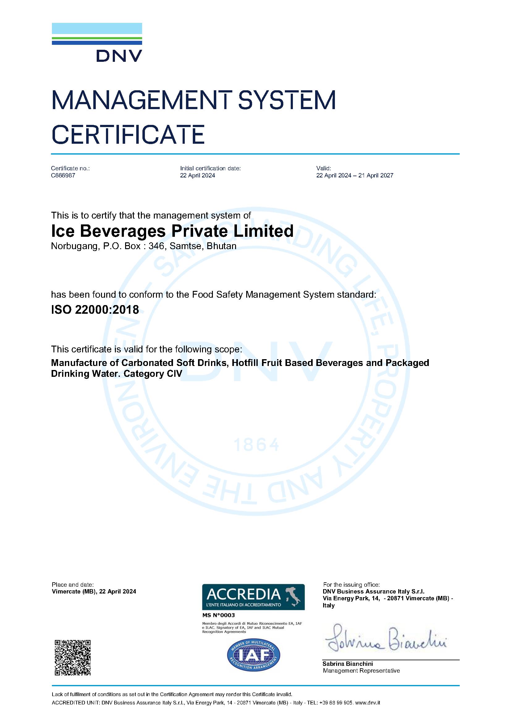 ⁠ISO 22000:2018 Certification – Ice Beverages
